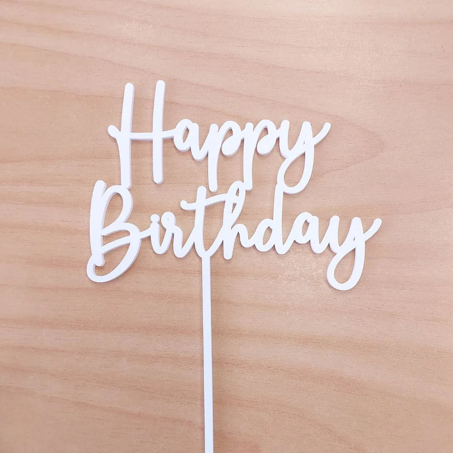 White Happy Birthday Acrylic Cake Topper NZ | The Party Room